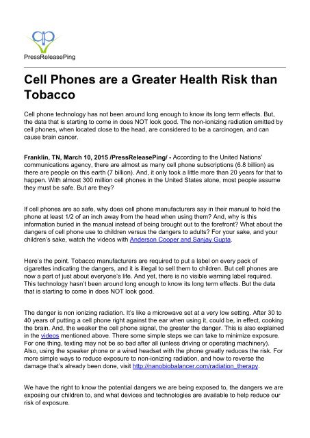 Cell Phones are a Greater Health Risk than Tobacco