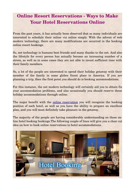 Online Resort Reservations ­ Ways to Make Your Hotel Reservations Online