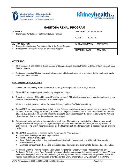 60.30.12 Continuous Ambulatory Peritoneal Dialysis Protocol