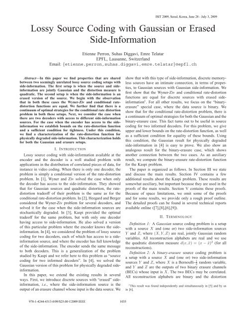 Lossy Source Coding With Gaussian Or Erased Side Information