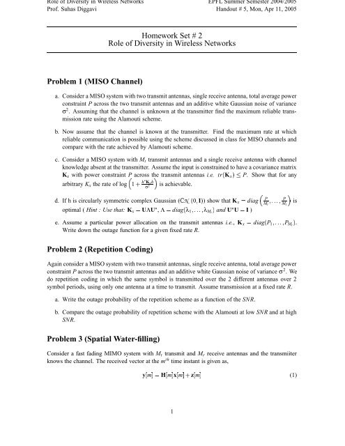 Homework Set # 2 Role of Diversity in Wireless Networks ... - licos