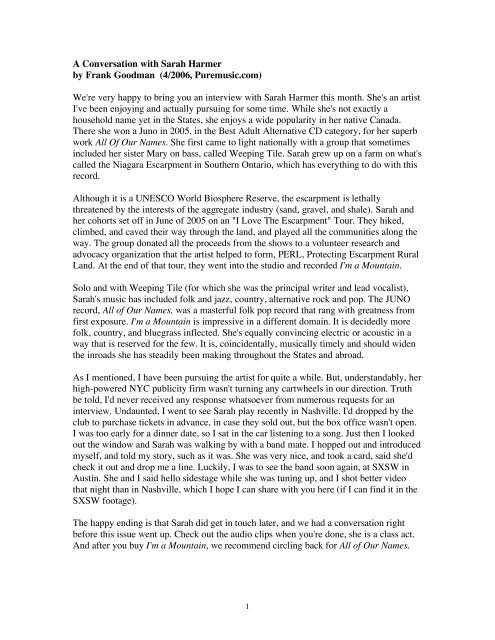 A Conversation with Sarah Harmer by Frank Goodman ... - Pure Music