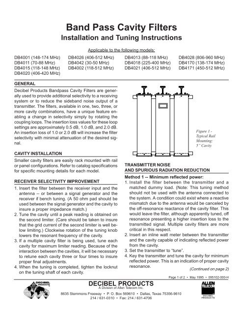Installation and Tuning Instructions for DB Band Pass Cavity Filters