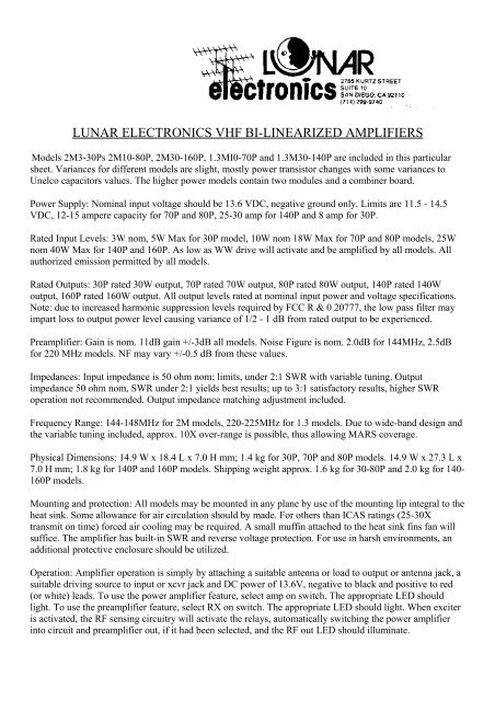 LUNAR ELECTRONICS VHF BI-LINEARIZED AMPLIFIERS - SK6AW