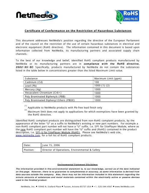 Certificate of Conformance on the Restriction of ... - NetMedia