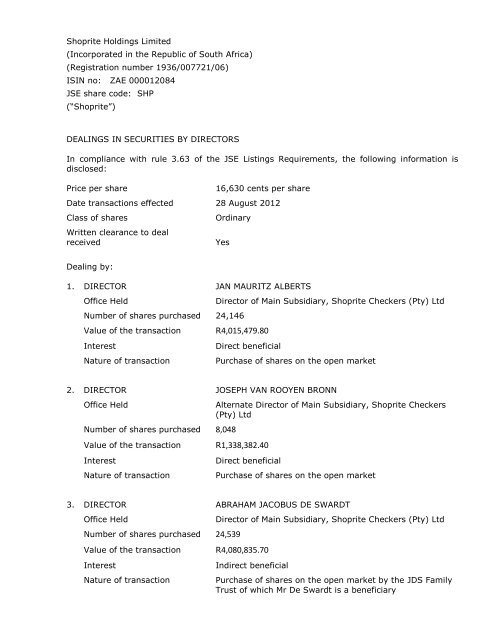 Shoprite Holdings Limited - Sharenet
