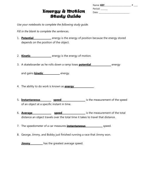 Energy & Motion Study Guide