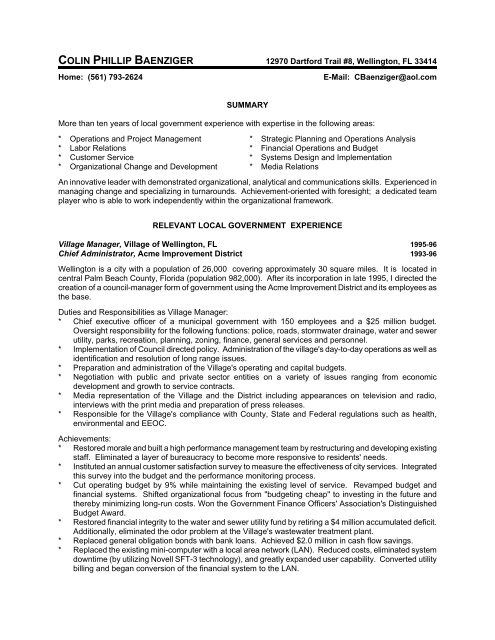 Sample Long Resume - Colin Baenziger & Associates