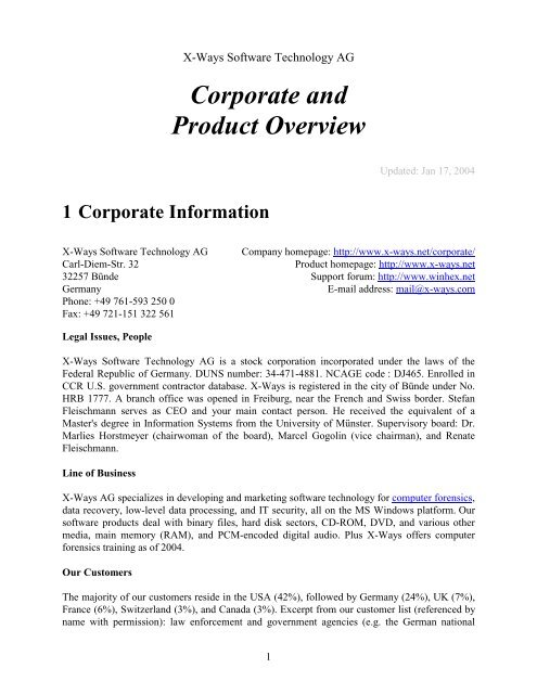 Corporate And Product Overview - X-Ways Software Technology AG