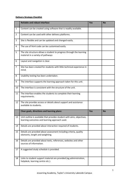 Delivery Strategy Checklist - Taylor's Online