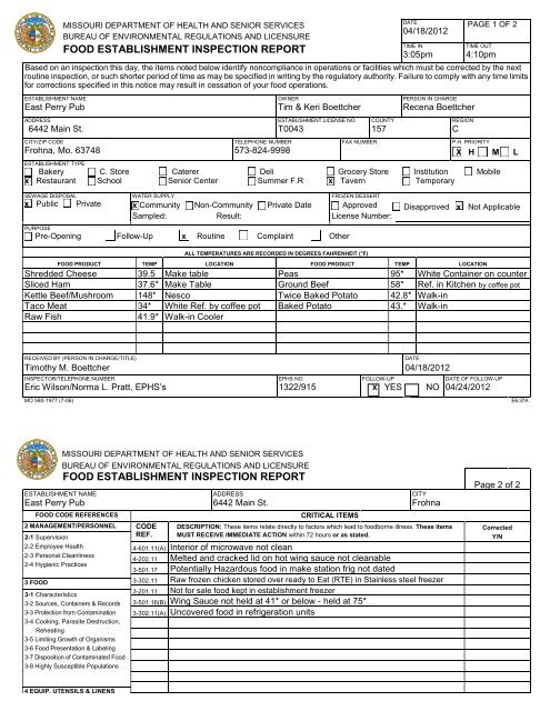 food establishment inspection report food ... - Andy's Web Tools