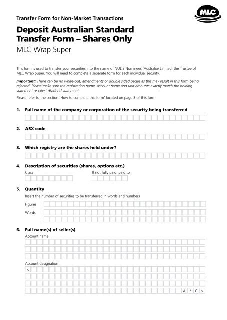 Deposit Australian Standard Transfer Form â Shares Only - MLC