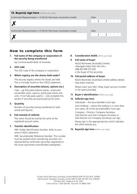 Deposit Australian Standard Transfer Form â Shares Only - MLC