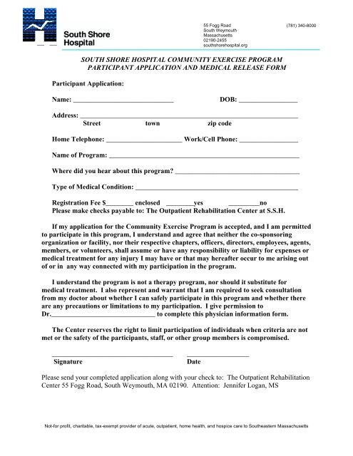 Download a copy of the exercise class release form - South Shore ...