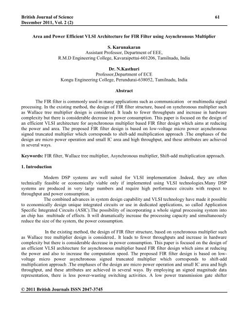Area And Power Efficient Vlsi Architecture For Fir Filter Using