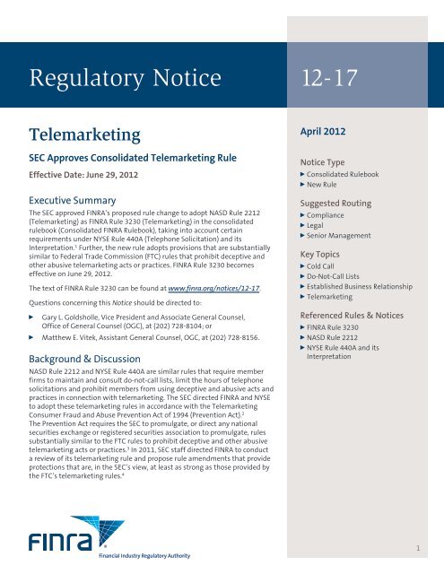 Regulatory Notice 12-17 - finra
