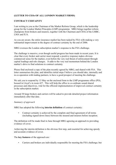 Letter from Nick Prettejohn - London Market Group