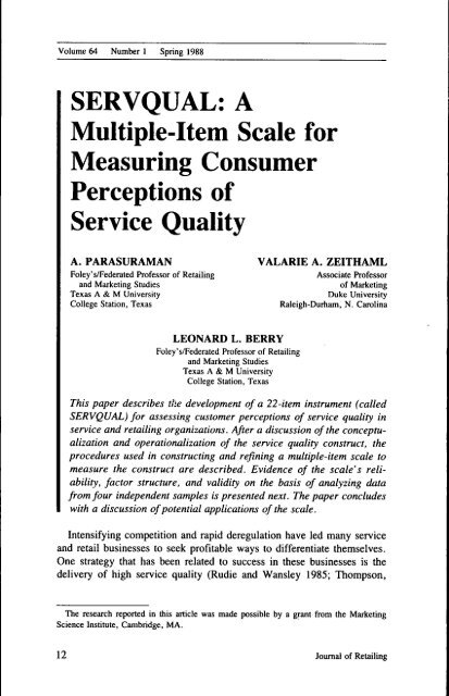 SERVQUAL: A Multiple-Item Scale for Measuring Consumer ...