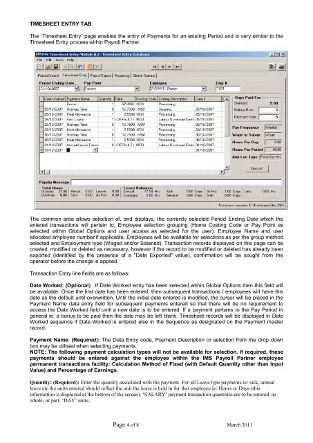 TIMESHEET ENTRY TAB The