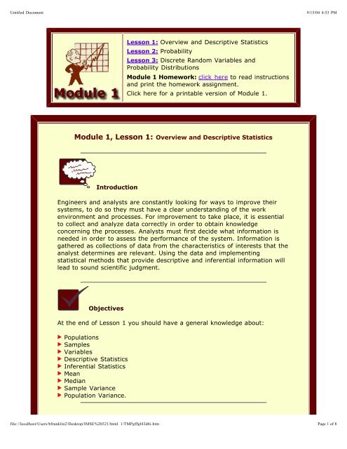 Overview and Descriptive Statistics Lesson 1: Probability Lesson 2 ...
