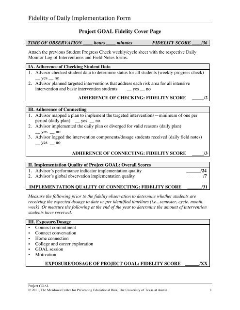 Dropout Prevention Intervention Fidelity Measurement Form for daily ...