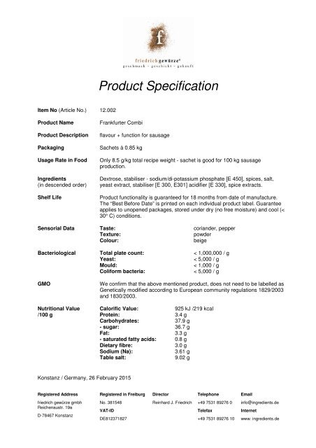 Product Specification - Friedrich Ingredients