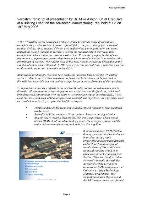 Verbatim transcript of presentation by Dr. Mike Ashton, Chief ...