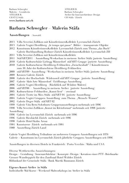 Ausstellungen Barbara Schwegler (PDF) - barbara-art.ch