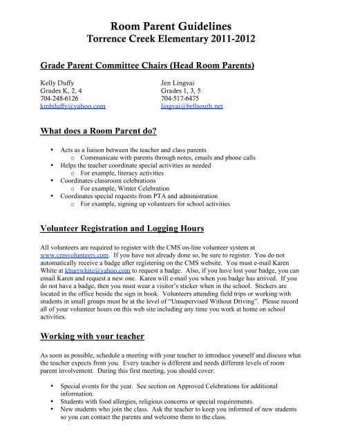 Room Parent Guidelines - Torrence Creek Elementary PTA