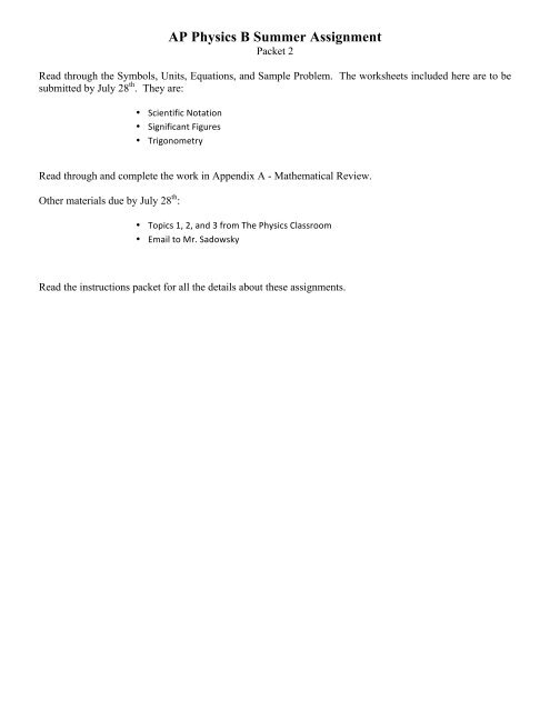 AP Physics B Summer Assignment