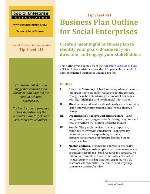 Tip Sheet #11: Business Plan Outline for Social Enterprises