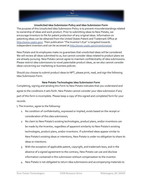 Unsolicited Idea Submission Policy and Idea Submission Form The ...