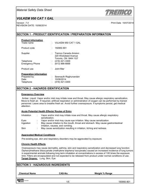 Vulkem 950 Catalyst Part B MSDS - Tremco Sealants