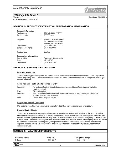 Tremco 830 Ivory MSDS (CAN) - Tremco Sealants