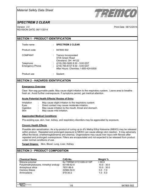 Spectrem 2 Clear MSDS - Tremco Sealants