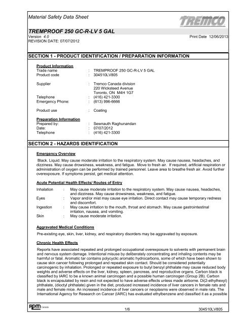 TREMproof 250GC-R-LV MSDS - Tremco Sealants