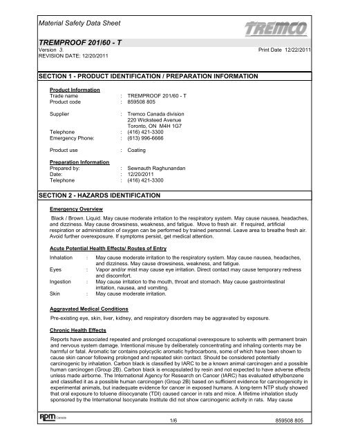 TREMproof 201/60 T Black MSDS (CAN) - Tremco Sealants