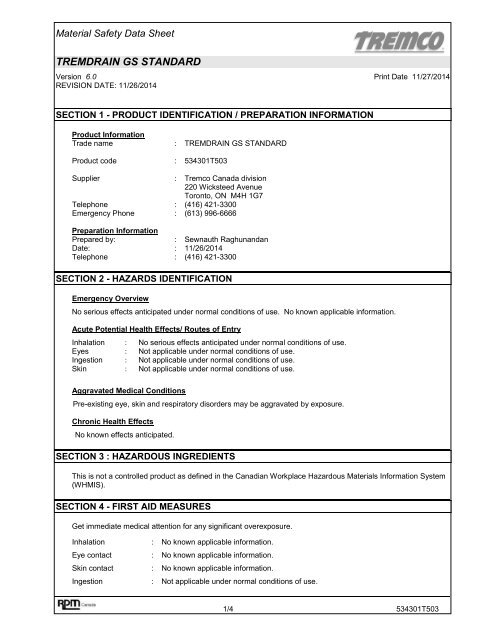 TREMDrain GS Standard 1/2 in. MSDS (CAN) - Tremco Sealants