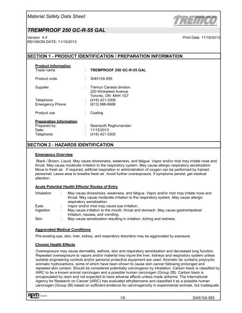TREMproof 250GC-R MSDS - Tremco Sealants
