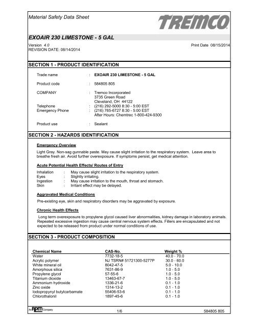 ExoAir 230 Limestone MSDS - Tremco Sealants
