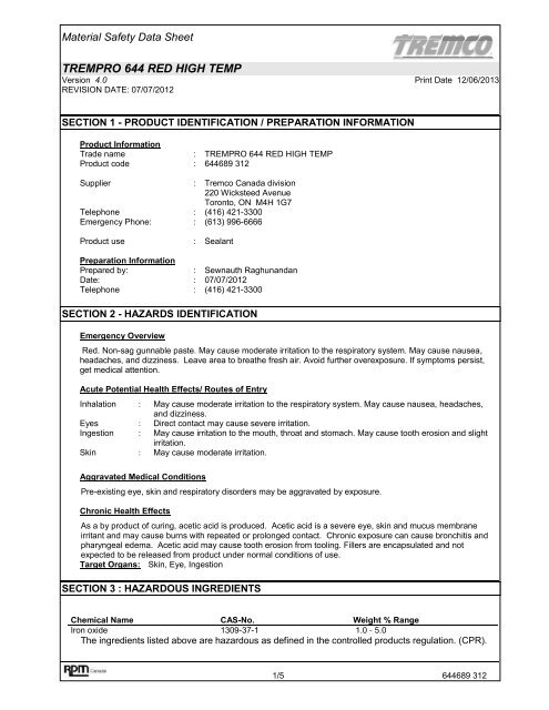 TREMPRO 644 RED HIGH TEMP - Tremco Sealants