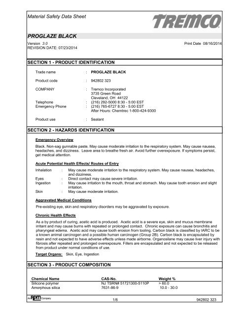 Proglaze Black MSDS - Tremco Sealants
