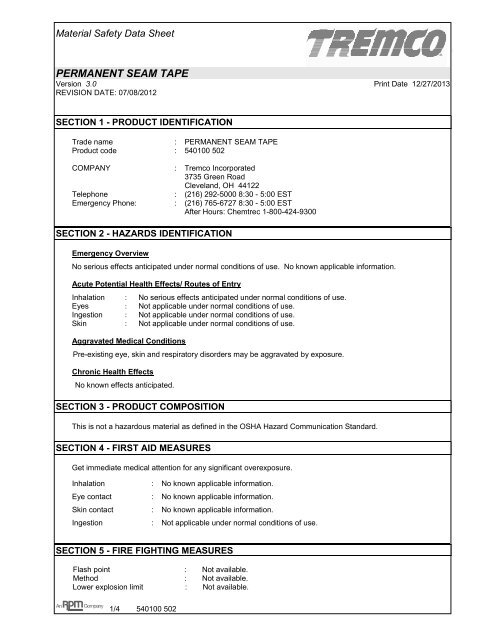 Permanent Seam Tape MSDS - Tremco Sealants