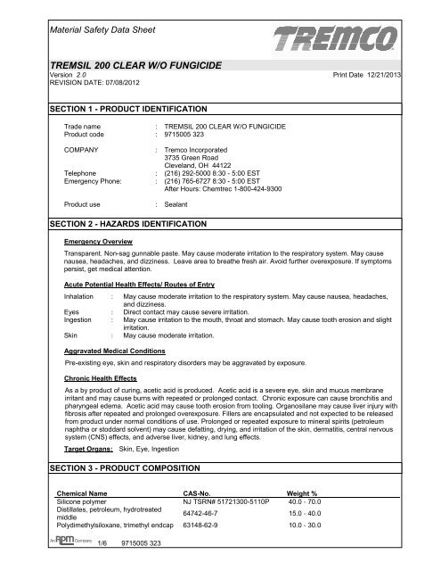 Tremsil 200 Clear MSDS - Tremco Sealants