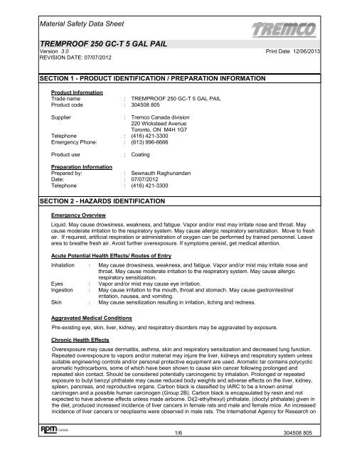 TREMproof 250GC-T MSDS - Tremco Sealants