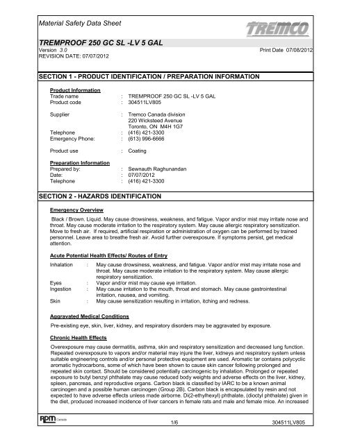 TREMproof 250GC SL-LV MSDS - Tremco Sealants