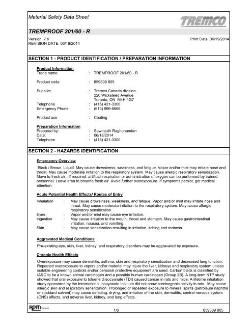TREMproof 201/60 R Black MSDS (CAN) - Tremco Sealants