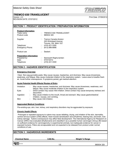 Tremco 830 Translucent MSDS (CAN) - Tremco Sealants
