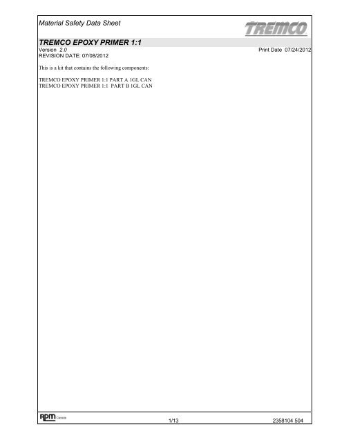 Tremco Epoxy Primer MSDS - Tremco Sealants