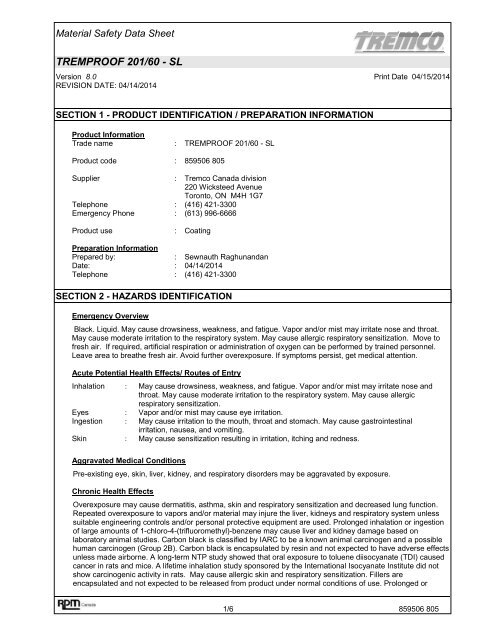 TREMproof 201/60 SL Black MSDS (CAN) - Tremco Sealants